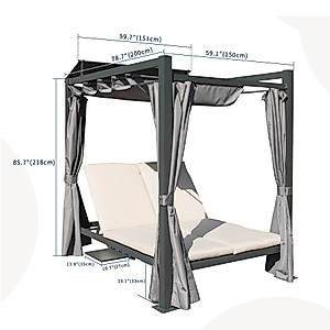 Domi Aluminum Outdoor Patio Daybed with Retractable Canopy Bed, Double Chaise Lounge Outdoor Grey Curtain with Beige Cushion & Cup Holder, for Outside Pool,Garden,Backyard,Lawn
