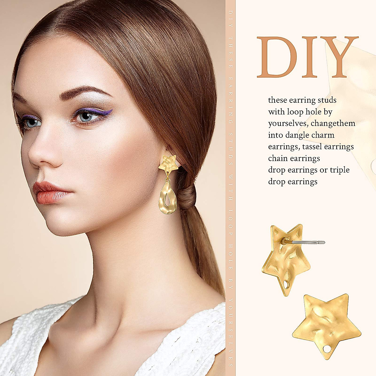 80 Pieces Gold Plated Earring Posts Earring Studs with Loop Hole Heart Star Shaped Earring Studs for Jewelry Earring Making, Assorted Shapes