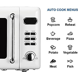 Emerson MWR7020W Compact Countertop Microwave Oven with Button Control, LED Display, 700W 5 Power Levels, 8 Auto Menus, Glass Turntable and Child Safe Lock, 0.7, Retro White