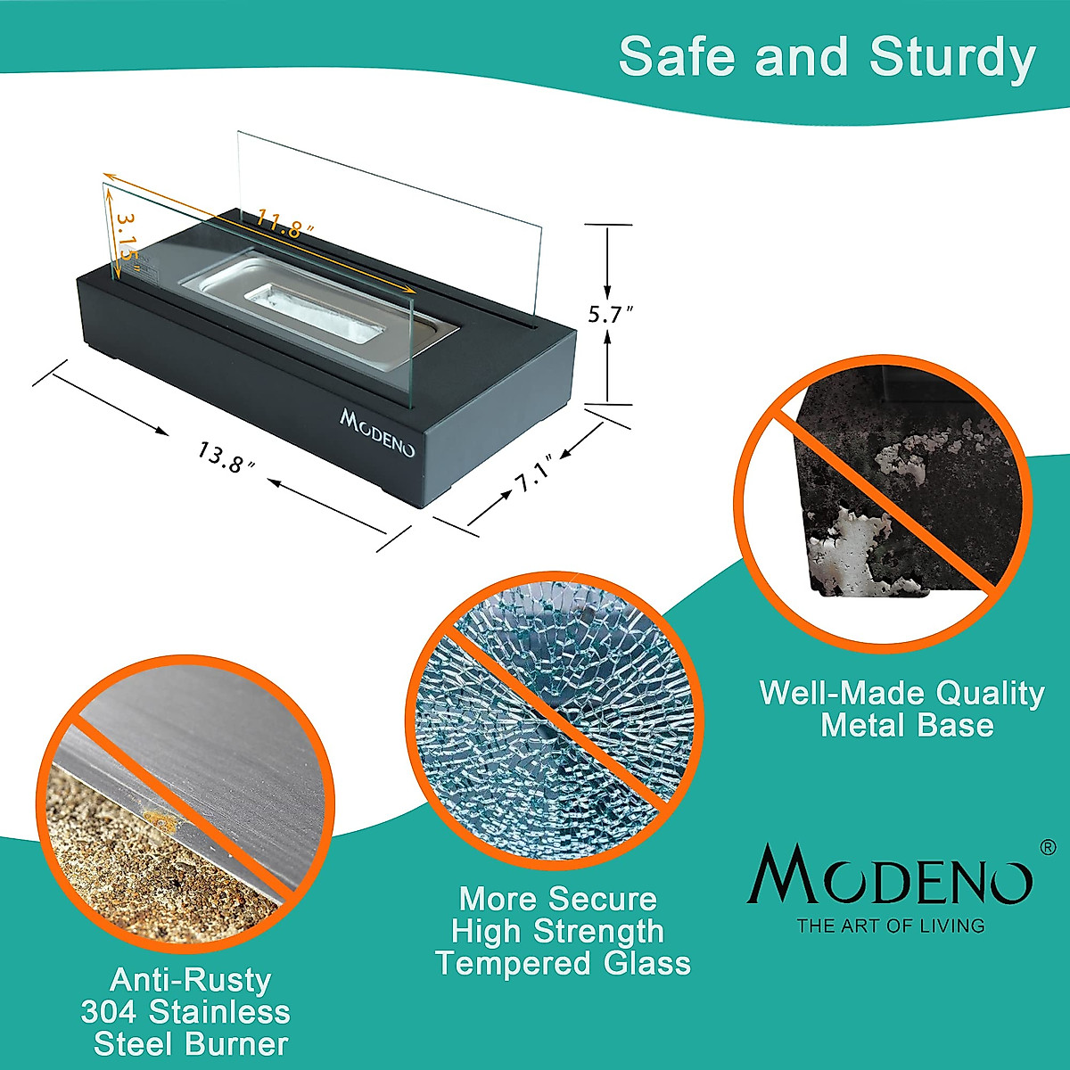 Ocean Rock Modeno Tabletop Fire Pit Small Fire Pit Bio Ethanol Firepits L14 in. Metal Black Rectangle Fire pits 13.8inchinchx7.1inchinchx 5.7inchinch EFS01