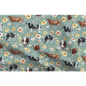 Spoonflower Fabric - Farmhouse Blue Cows Flowers Large Pink Floral Dots Spring Watercolor Printed on Petal Signature Cotton Fabric by The Yard - Sewing Quilting Apparel Crafts Decor