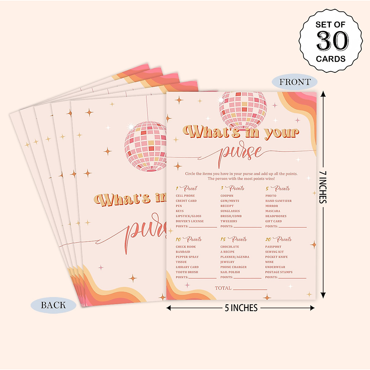 Disco Ball What's In Your Purse Game for 30 Guests with Game Cards, The Last Disco Bridal Shower Game, Boho Bridal Shower Decorations, Wedding Shower or Bachelorette Party Supplies - 04