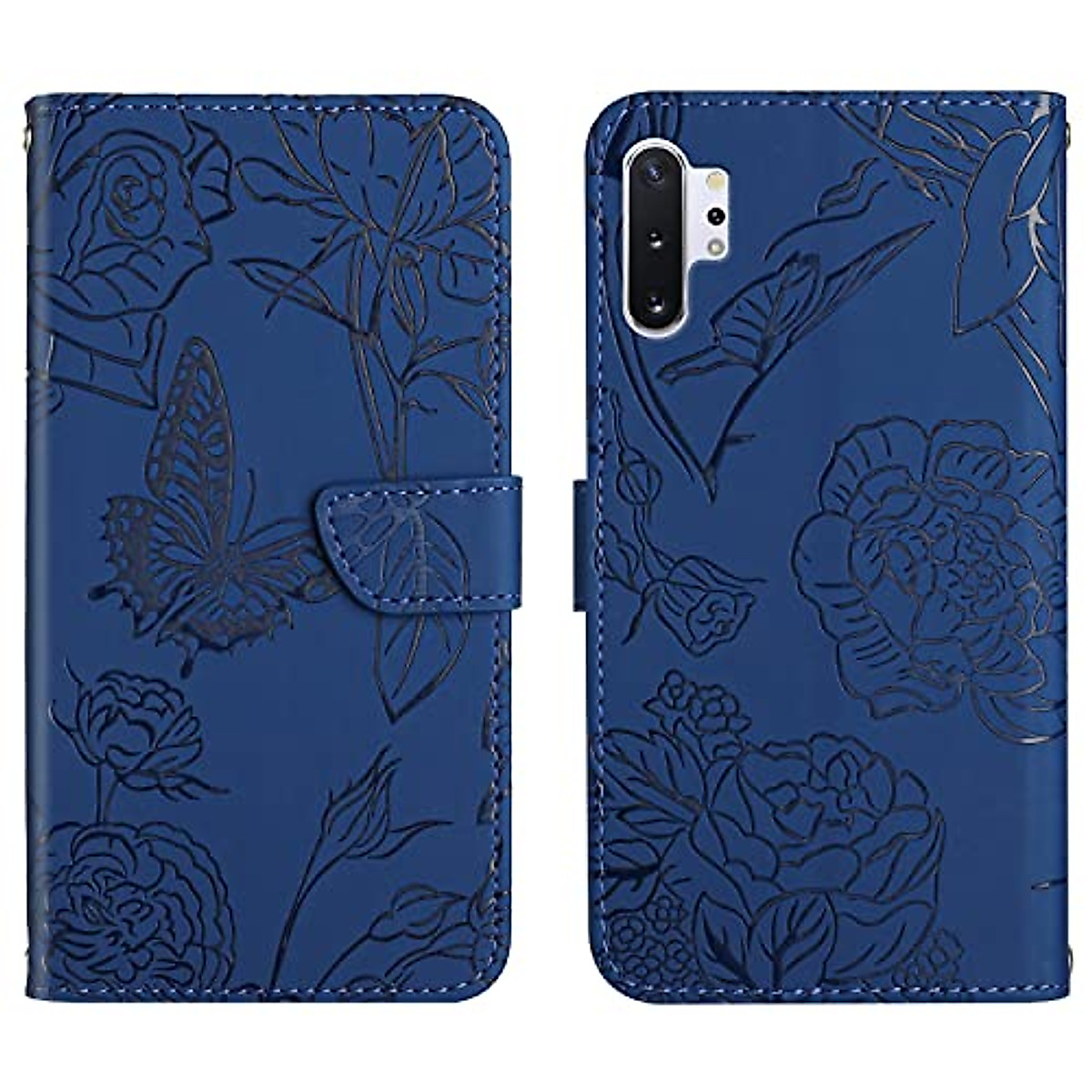 ONV Samsung Galaxy Note 10 Plus Flip Case - 1.5m Crossbody Lanyard Flip Wallet Case Magnetic Card Slot Foldable Embossed Butterfly Leather Case for Samsung Galaxy Note 10 Plus [Flower] - Blue