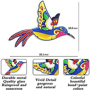 John's Studio Hummingbird Wall Decor Outdoor Metal Garden Hanging Art Glass Sculptures Home Bird Theme Decorations for Living Room, Bedroom Yard, Fence and Patio - 18.1 Inches