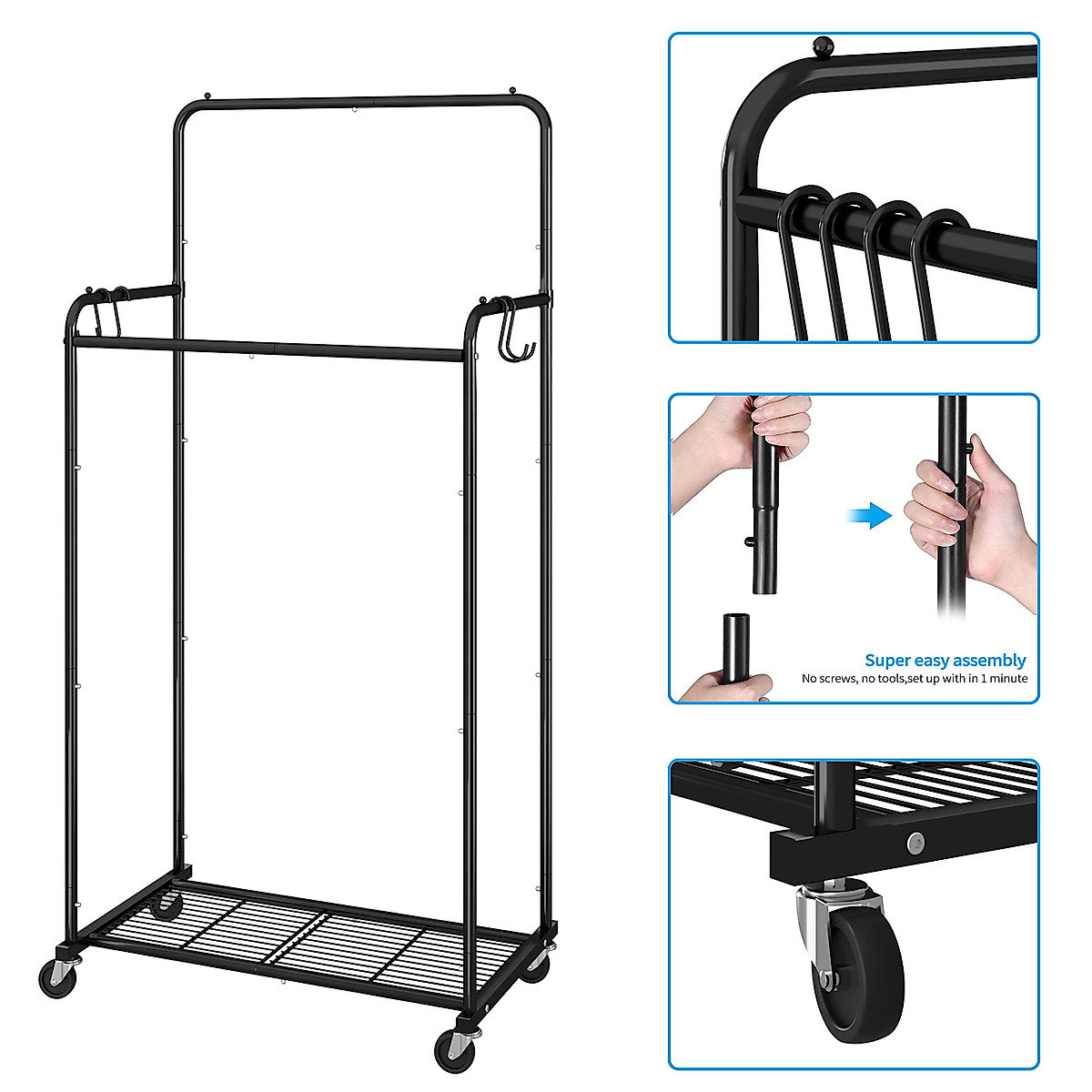 Simple Trending Double Rod Clothes Garment Rack, Heavy Duty Clothing Rolling Rack on Wheels for Hanging Clothes,with 4 Hooks, Black