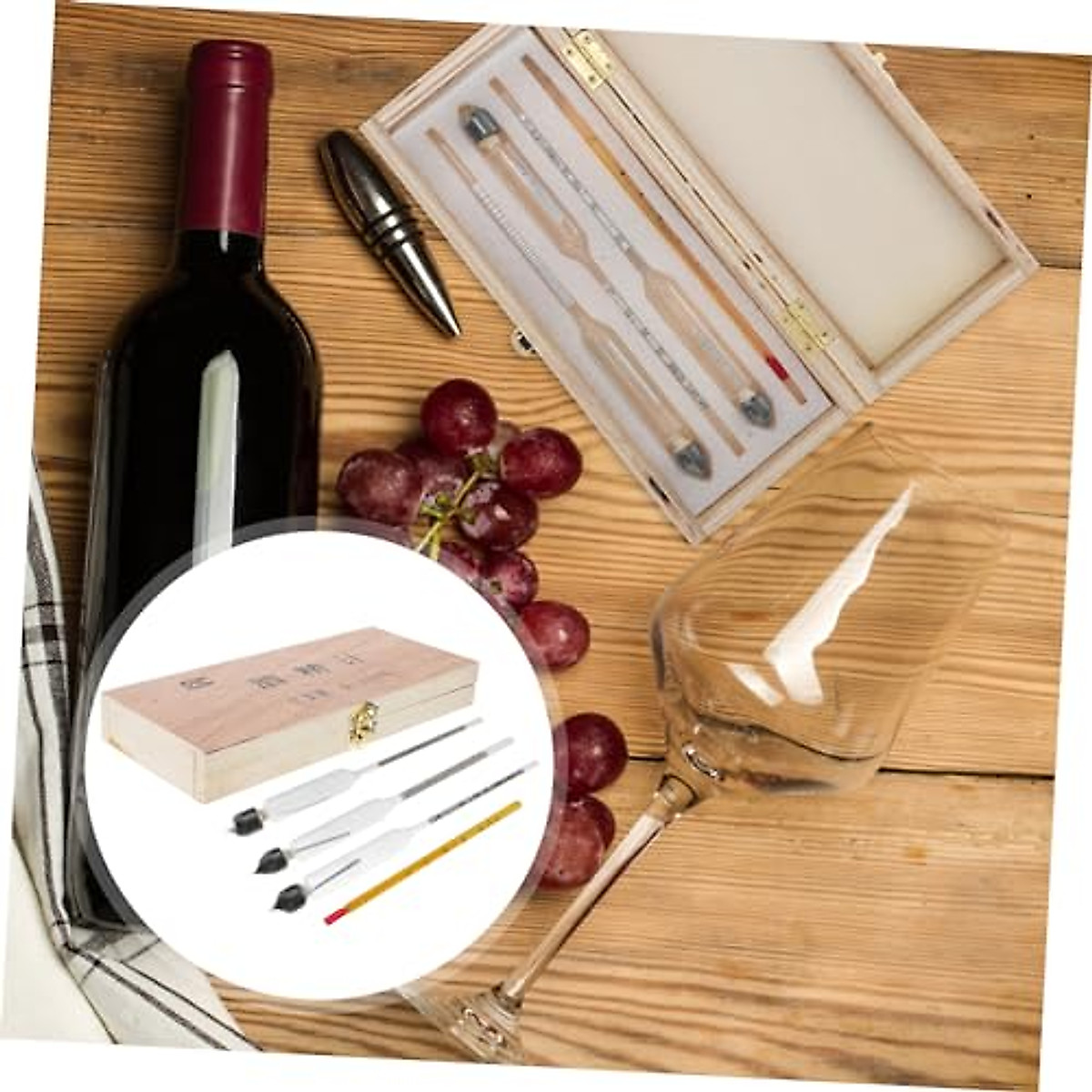 4 Pieces Meter Vinometer Meter for Liquors Liquid Meter Licorometer Hydrometer Hydrometer Spirit Wooden Box Glass