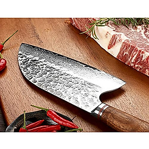 YOUSUNLONG Hybrid Cleaver Outdoor Heavy Duty Meat Cleaver 8 Inch Hammered Damascus Natural Walnut Wood Sheath with Leather