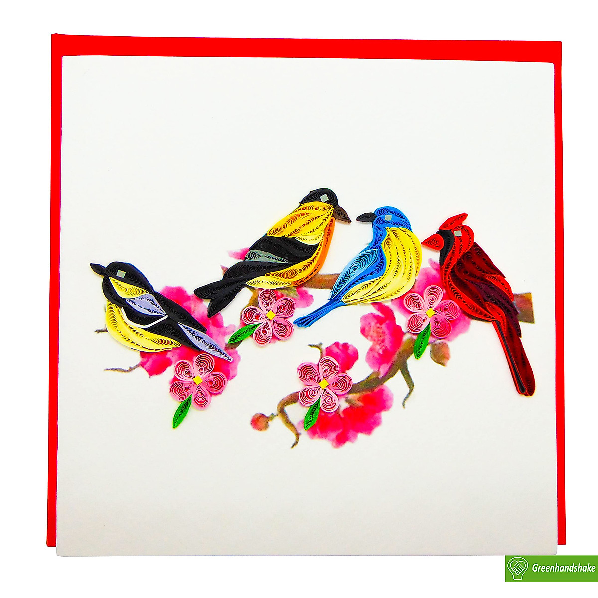 Four Colorful Birds sitting in a tree, Quilling Card 3D,Unique Dedicated Handmade, Design Greeting Card for Birthday, Valentine's Day, Mothers Day, Spring, Fathers Day, All Occasion,6"x6"