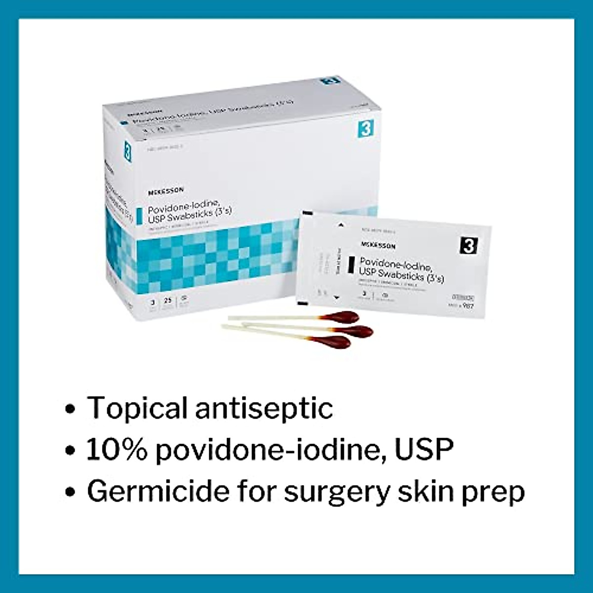 McKesson Povidone-Iodine Impregnated Swab Stick, Sterile - 4 in, 3 Sticks, 25 Packs, 75 Total