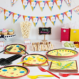 BOpusail 96Pcs Cartoon Lightning Bolts Party Tableware Set Disposable Dinnerware Paper Dinner Plates Dessert Plate Napkins Plastic Forks Party Supplies for Kids Birthday Baby Shower Serves 24 Guests