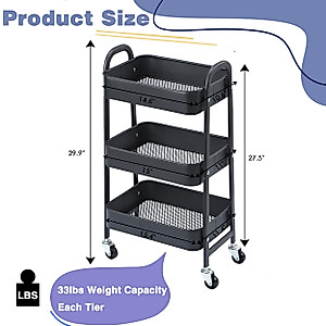 WELL-STRONG Metal Storage Trolley - 3-Tier Rolling Cart with Lockable Wheels - Multi-Purpose Utility Cart with Handle - Mobile Shelving Organizer for Bathroom, Office, Kitchen, Bedroom, Garage Black