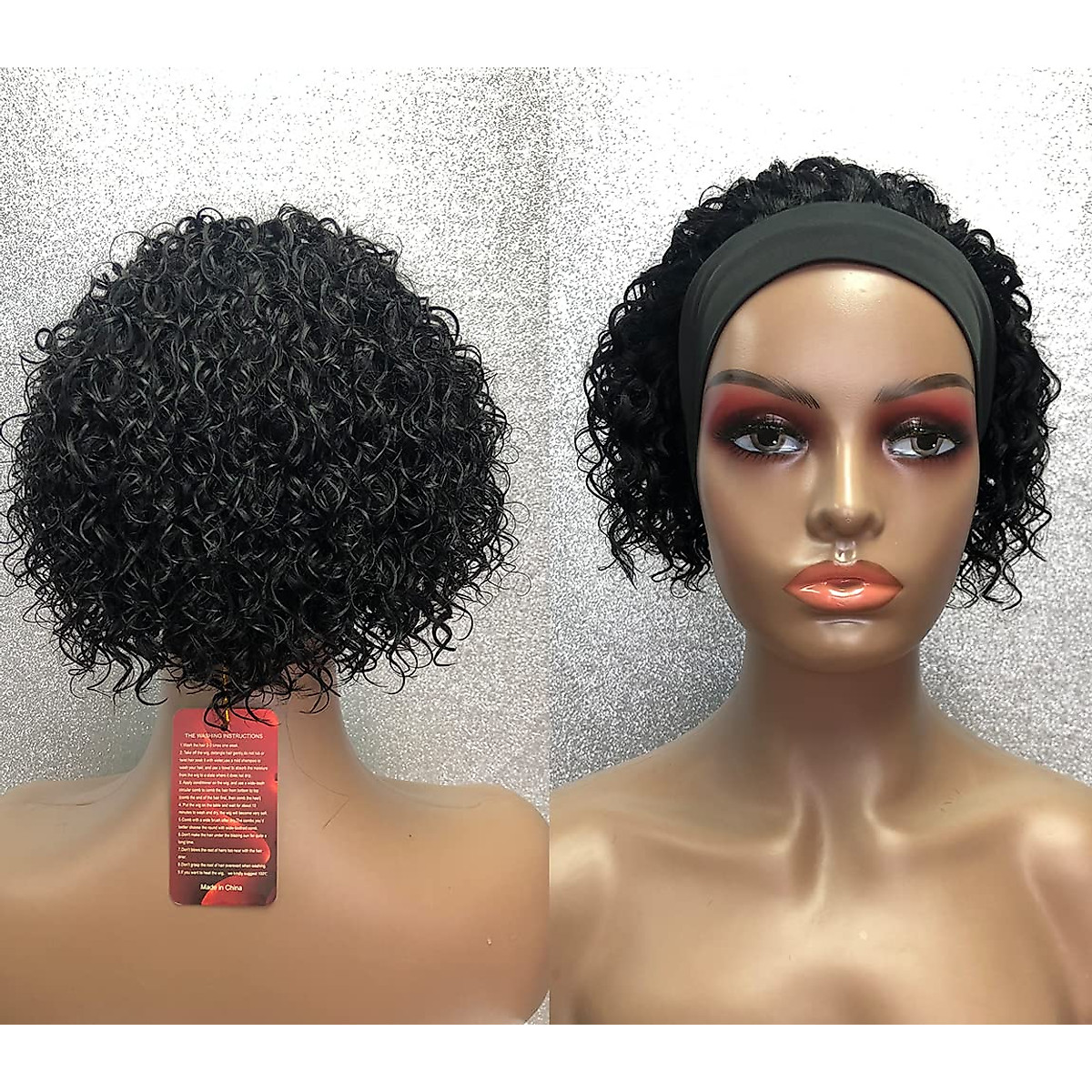 SWEETGIRL Curly Headband Wig Human Hair Wigs for Women Short Curly Bob Headband Wigs Ready to Wear and Go Glueless Wigs Curly Pixie Cut Half Wig 150% Density Natural Black 6 Inch