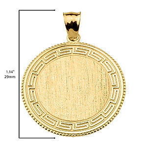 Trendy Necklaces 14K Yellow Gold 1-1/8" Round Greek Meandros Hellenic Key Milgrain Brushed Finish Engravable Medal Pendant Charm