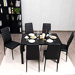 Giantex Kitchen Dining Table Set, Glass Tabletop Dining Room Set with Leather Padded 6 Chairs, Rectangular Modern Metal Frame Table for Dining Room, Kitchen, Dinette, Compact Space, Black