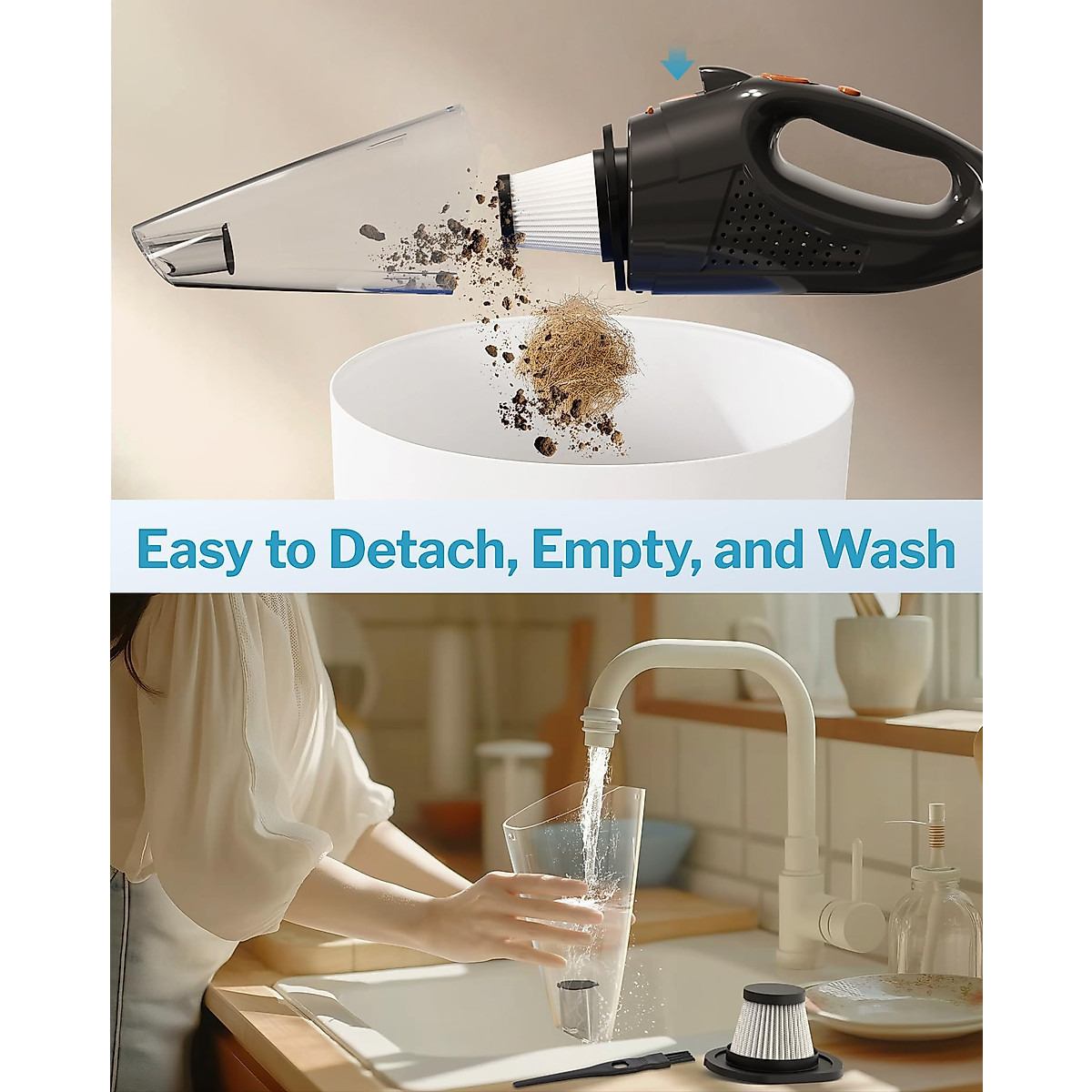 Powools Car Vacuum Cordless Rechargeable - Handheld Vacuum Cleaner High Power with Fast Cahrge Tech, Portable Vacuum with Large-Capacity Battery, Handy Handheld Vac with LED Light, Silver (PL8189)