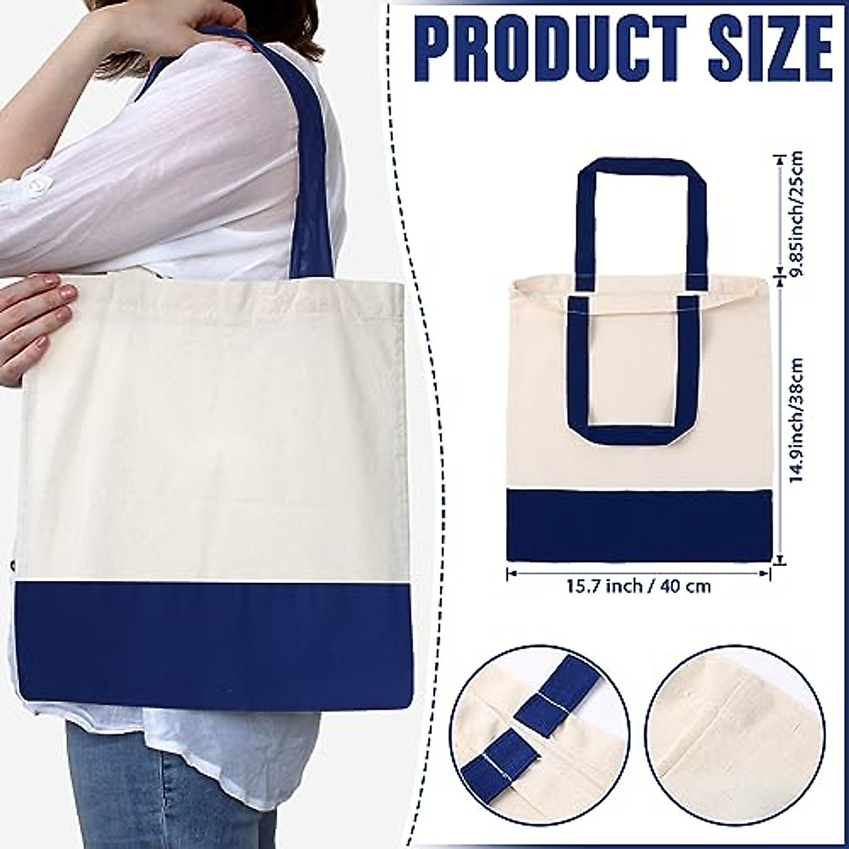 Roowest 60 Pcs Employee Appreciation Gifts Cotton Canvas Tote Bags Bulk Reusable Grocery Shopping Cloth Bags for Womens DIY(Blue and White)