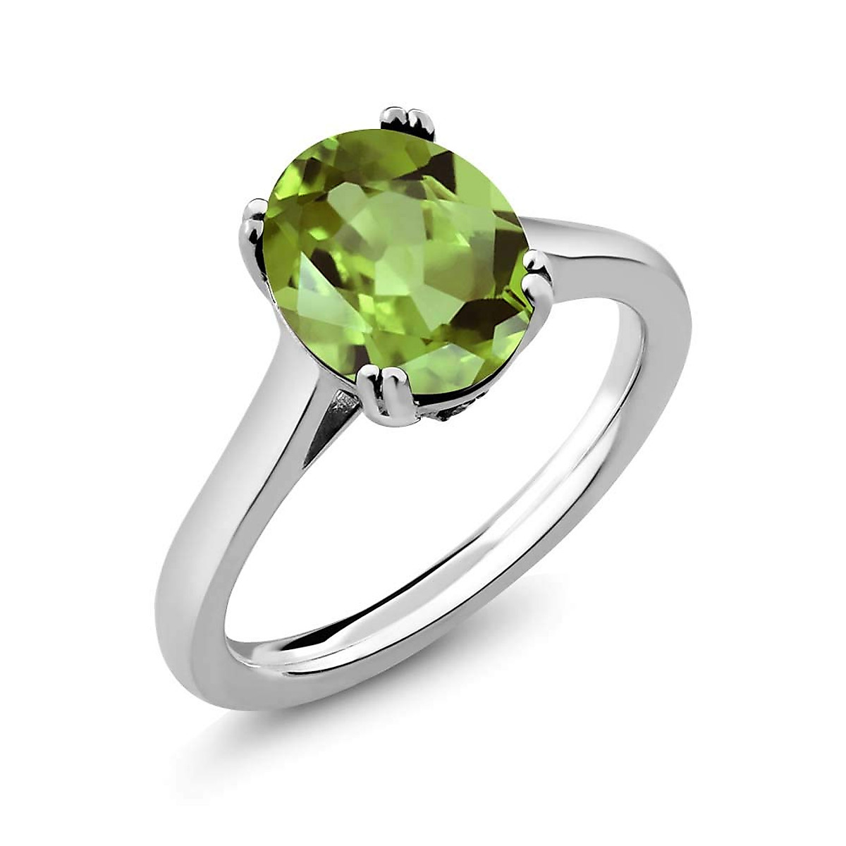Gem Stone King 925 Sterling Silver Green Peridot and White Diamond Solitaire Ring For Women (3.03 Cttw, Oval 11X9MM, Gemstone Birthstone, Available In Size 5, 6, 7, 8, 9)