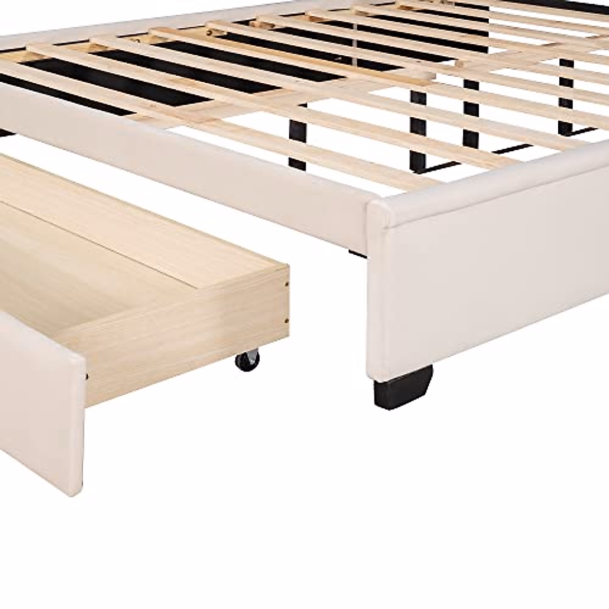HBRR Queen Size Platform Bed Frame with Wingback Headboard and a Big Drawer, Velvet Upholstered Storage Bed, Wooden Slats Support, No Box Spring Needed, Easy to Assemble, Beige