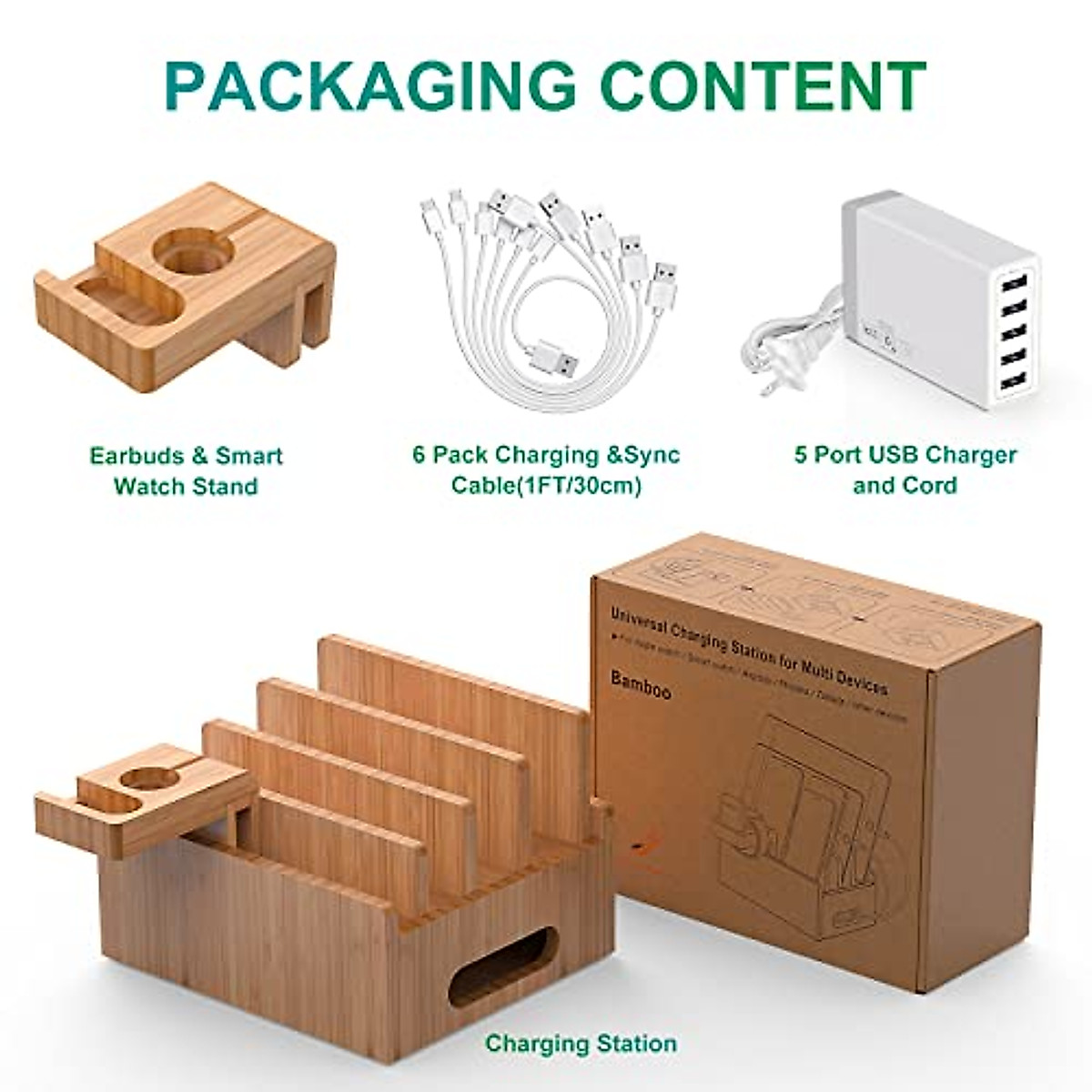 Bamboo Charging Station for Multiple Devices with 5 Port USB Charger, 6 Cables and Smart Watch & Earbuds Stand. Pezin & Hulin Desk Docking Stations Electronic Organizer for Cell Phone, Tablet
