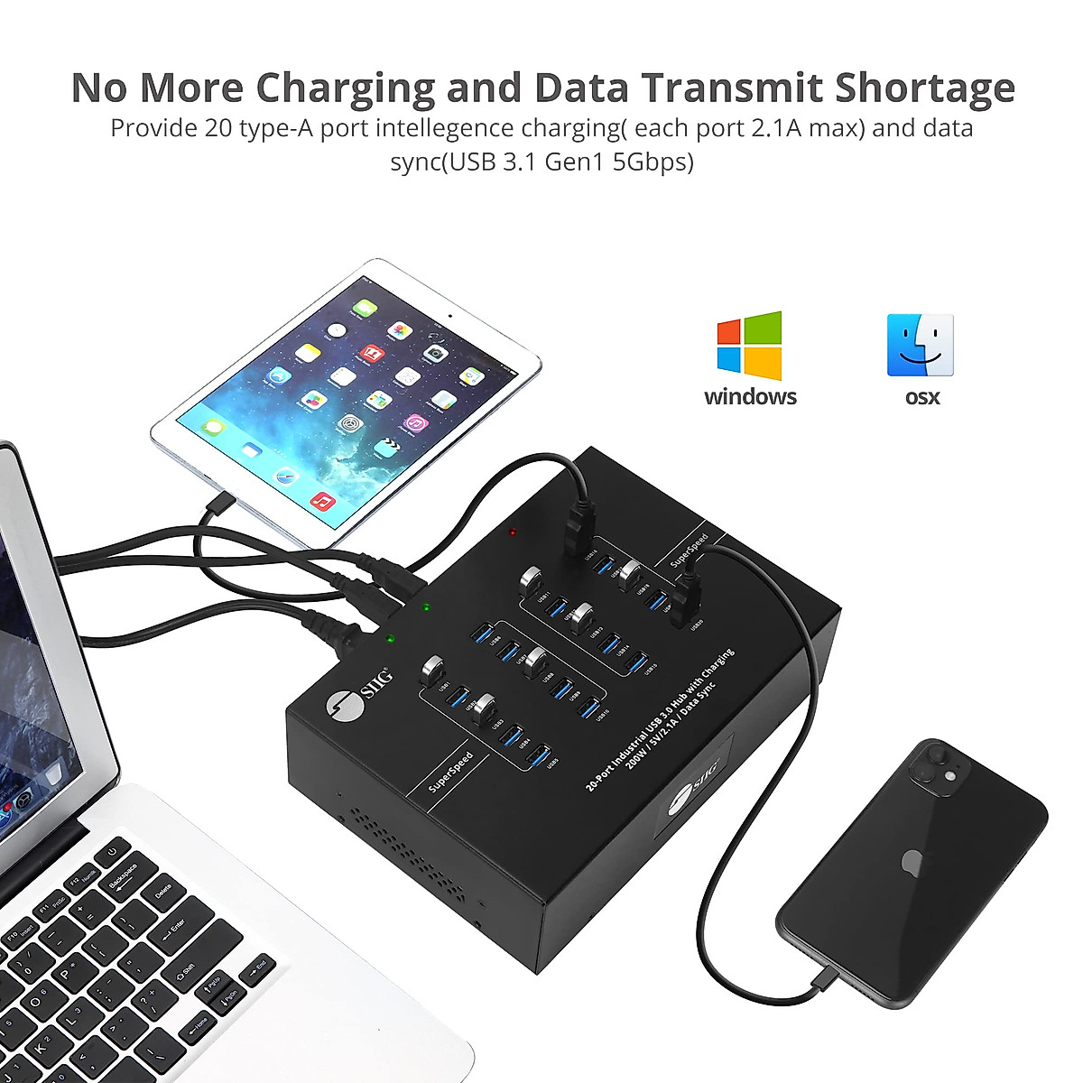 SIIG 20-Port Industrial USB 3.0 Hub with Charging - 200W, 5Gbps with 5V/2.1A per Port, Powered Multiport Hub Expander for Laptop, Tablets, Cellphone, External HDD, Keyboard and Mouse (ID-US0611-S1)