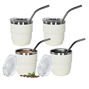 4 oz Stackable Cup, 4 Pack Mini Tumbler Shot Glass with Straw and Lid,Stainless Steel Espresso Cups-Vacuum Insulated Coffee Cup for for Wedding Party Whiskey Cocktail Bar, White