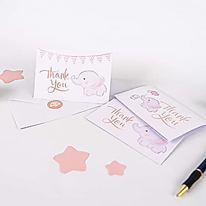 Baby Shower Thank You Cards with Envelopes for Girl. 50 Elephant Pink Thank You Cards Baby Shower with Envelopes for Baby Thank You Notes - Blank Inside Baby Shower Card Pack with Sealing Stickers…