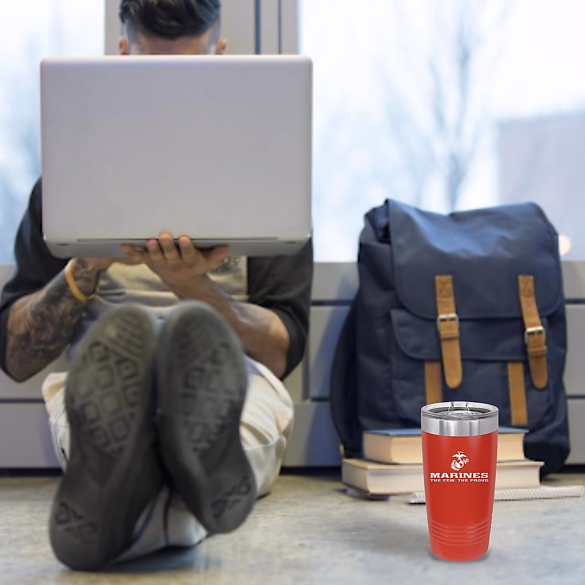 United States Marine Corps 20oz Travel Tumbler- Stainless Steel Red Coffee Mug with Acrylic Lid- Military Gear, Ideal Gift for Armed Services Veteran, Active Duty Marine- For Office, Home, Auto