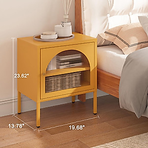 Aiasuit Single Door Nightstand Bedroom Bedside Table Adjustable Frosted Texture Storage Side Cabinet Glass Coffee Table Storage Cabinet Solid Room Side Table Yellow Size: 23.62”H x 19.68”W x 13.88”D