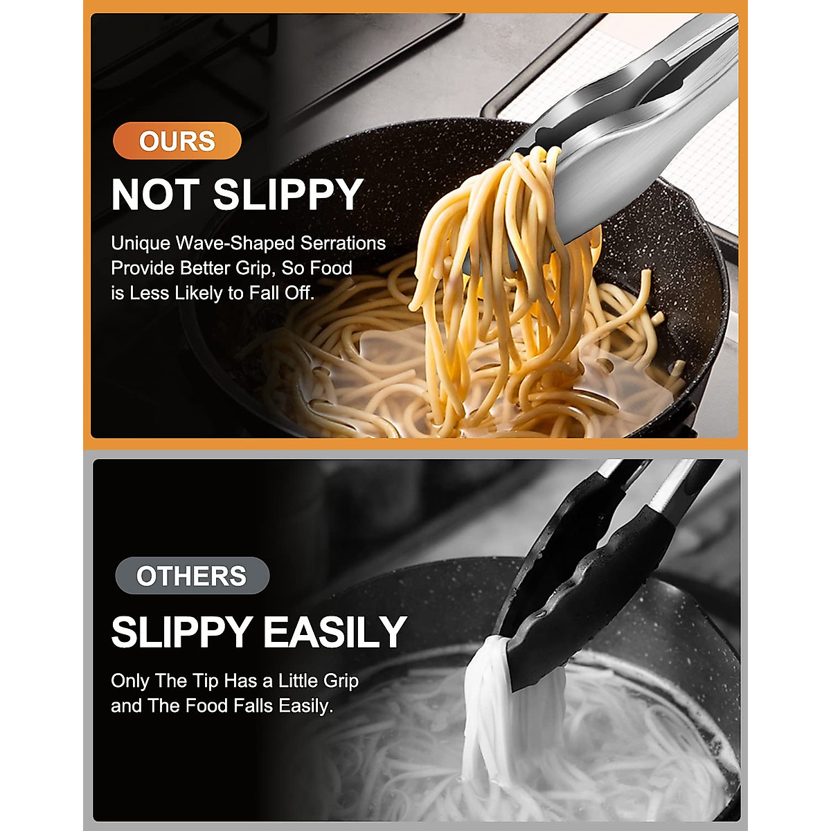 Bnlcd Cooking Tongs with Teeth, Premium Stainless Steel Kitchen Tongs Set of 2-9" and 12", Heavy Duty Locking Metal Food Tongs with Non-Slip Grip - Black