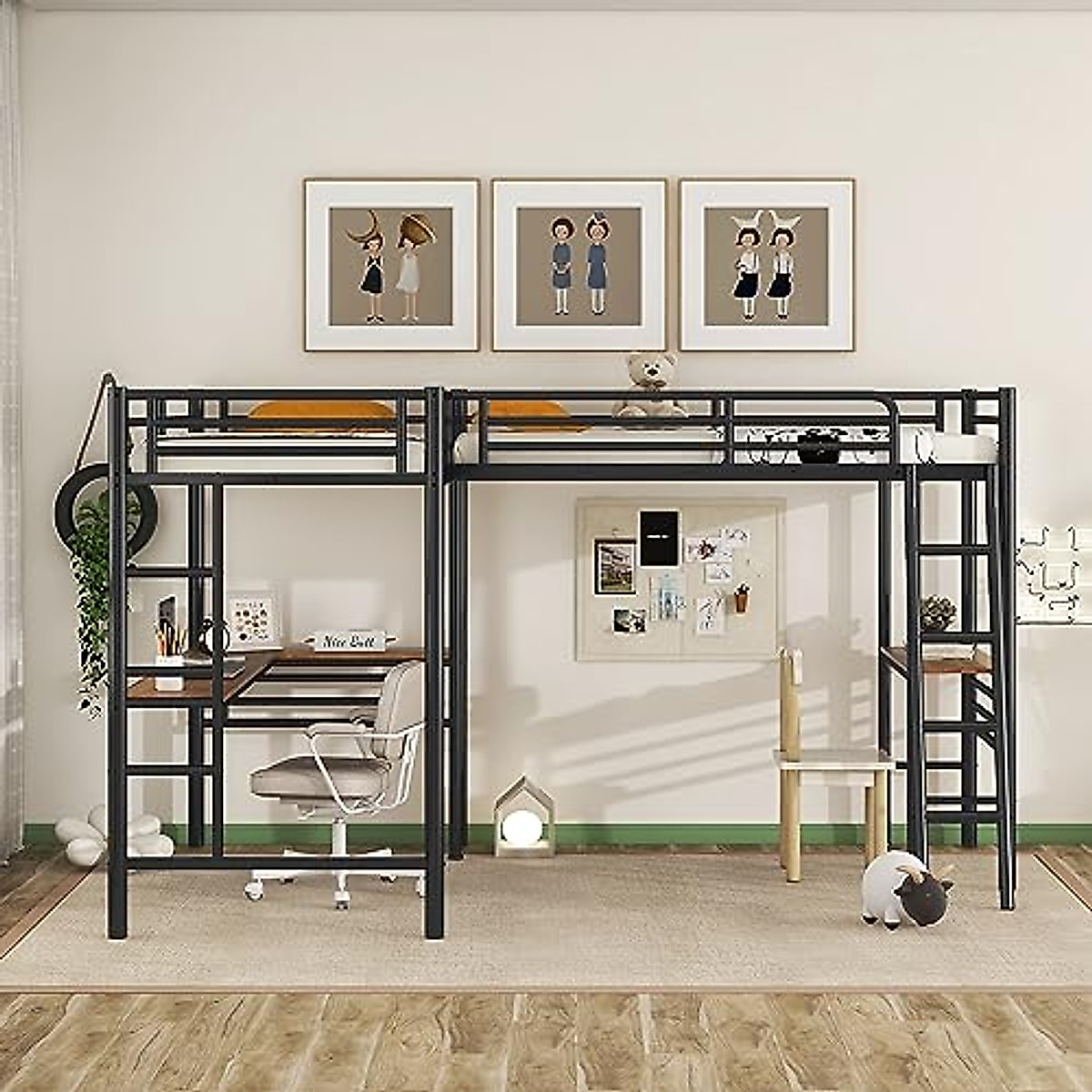 L-Shape Loft Beds with Two Desk Metal Double Twin Loft Beds Frame Heavy-Duty Black Corner Twin Size Lofts Bed for 2 Kids Girls Boys Teens