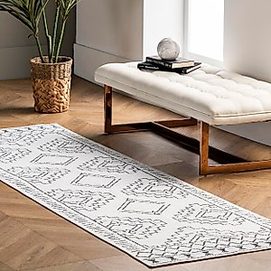 nuLOOM 2' x 12' SpinClean Machine Washable Stain-Resistant Area Rug with Non Slip Backing, Low Profile for Living Room, Bedroom, and Dining Room, Noa White