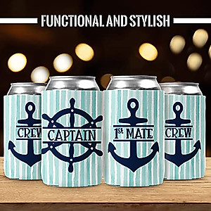 The Navy Knot Personalized Can Cooler Sleeves - Regular Cans Beverage Foldable Cooler Sleeves, Sweat-Proof Can Huggers for 12oz Beverage Bottles, Cool Boat Accessories, 4 Pk (Nautical Captain & Crew).