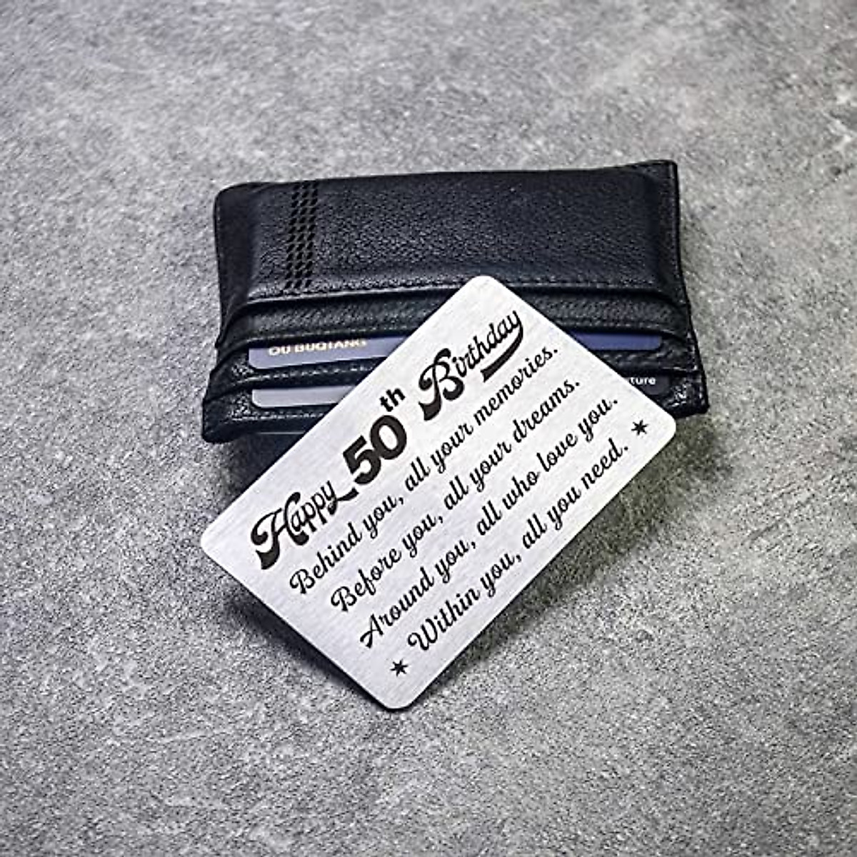 VWALK Happy 50th Birthday Engraved Stainless Steel Message Wallet Card Inserts Customized for Dad,Mom,friends,sister,brother.
