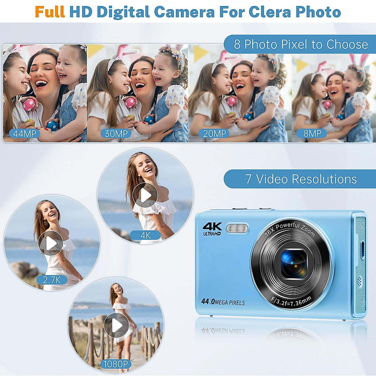 Digital Camera, Saneen FHD Kids Cameras for Photography, 4K 44MP Compact Point and Shoot Camera for Kids, Teens & Beginners with 32GB SD Card,16X Digital Zoom, 2 Rechargeable Batteries-Blue