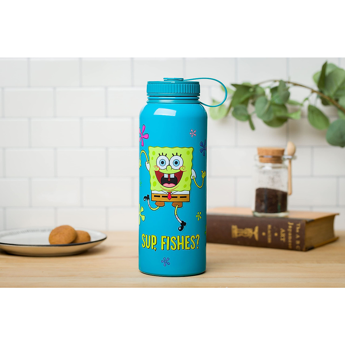 Silver Buffalo Spongebob Sup Fishes Stainless Steel Water Bottle With Twist Lid, 42 Ounces