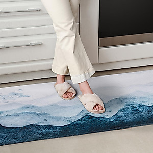 QiyI Floor Comfort Mats 2 Pieces Kitchen Rugs Leather Waterproof Oil Proof Runner Non Skid Standing Mat Set Anti Fatigue Padded Doormat 17" W x 29" L + 17" W x 47" L - Blue White Watercolor Mountain