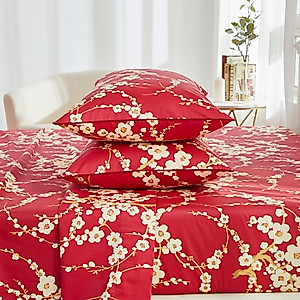 Brandream Floral Sheet Set Twin Size Japanese Oriental Style Cherry Red Blossom Flower Branches Print Chinoiserie Bedding Pillowcases Set 800TC Egyptian Cotton Sateen Botanical Tree Deep Pocket, 4 Pcs