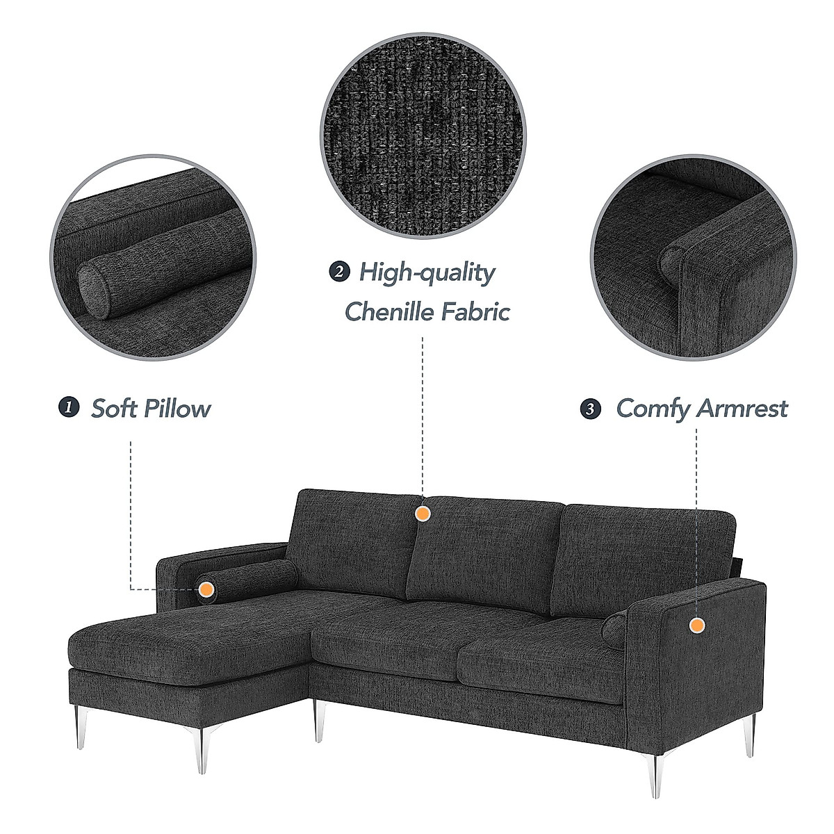 KoiHome 86" Convertible Sectional 2 Pillows, Modern Chenille L-Shaped Couch with Reversible Chaise Lounge, 3-Seater Sofa, Fit for Living Room,Office,Apartment, Polyester, Dark Grey