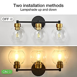 yenlacy Bathroom Light Fixtures, Black and Gold 3 Light Bathroom Vanity Light, Bathroom Lights Over Mirror with Globe Glass Shade and Metal Base, Vanity Lights for Bathroom, Stairs, Kitchen