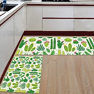 Kitchen Rugs, Cactus Succulent Plants Green Tile Pattern Non Slip Runner Rug Mat for Floor, Kitchen, Bedside, Sink, Office, Laundry, Set of 2