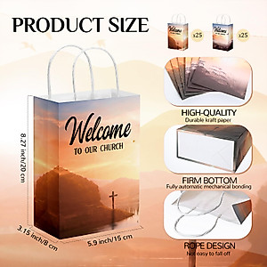 Chuangdi 50 Pcs Church Welcome Bags 5.91 x 3.15 x 8.27 Inches Religious Gift Bags Welcome to Our Church Paper Bags with Handles for Hotel Birthday Bulk Baptism Guest Party Favor Supplies (Landscape)