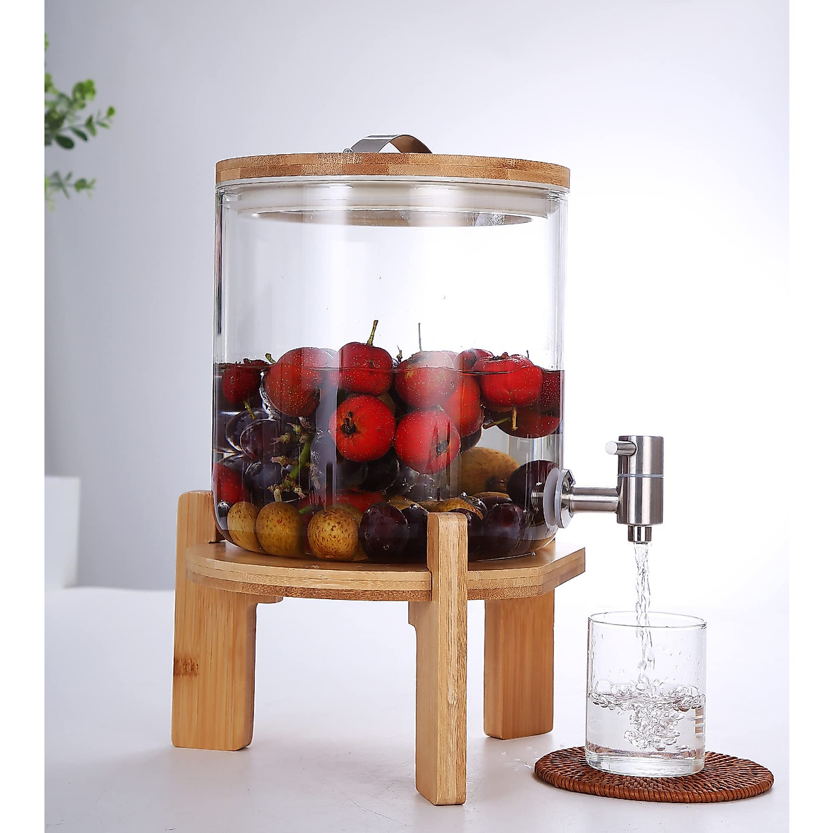 1.32 Gallon (5 L) Food Grade Borosilicate Glass Drink Dispenser, Beverage Dispenser With 304 Stainless Steel Faucet, Adjustable Exhaust Vent and Thermometer Air Tight Bamboo Lid, With Bamboo Stand
