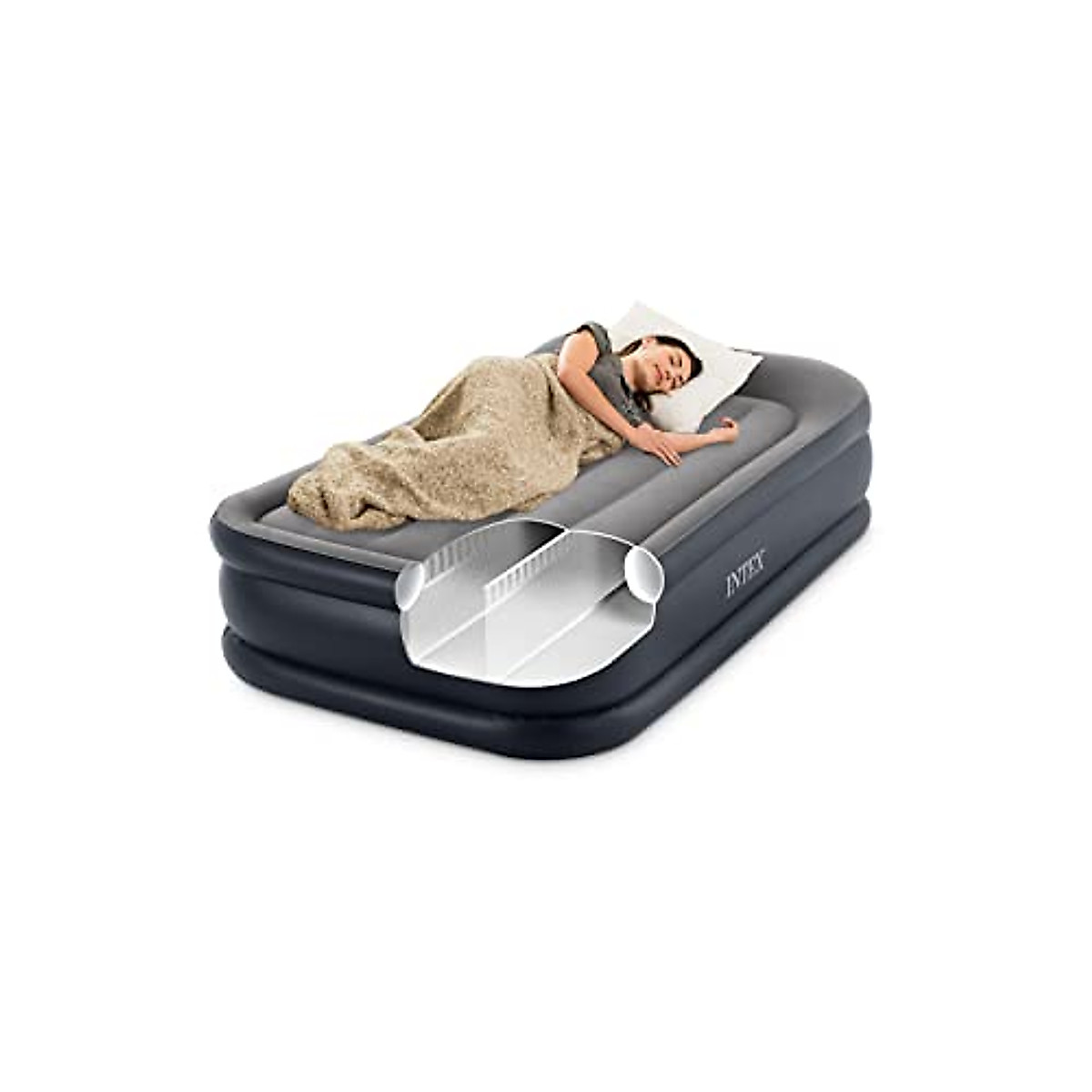 INTEX 64131ED Dura-Beam Plus Deluxe Pillow Rest Air Mattress: Fiber-Tech – Twin Size – Built-in Electric Pump – 16.5in Bed Height – 300lb Weight Capacity