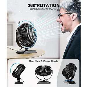 JZCreater USB Desk Fan, USB Fan Mini, 360 Rotation Desktop Fan with 3 Speed, Table Personal Cooling Fan, Quiet Mini Desk Fan, USB Powered, Small Fan for Home Office Bedroom Car Travel, Black