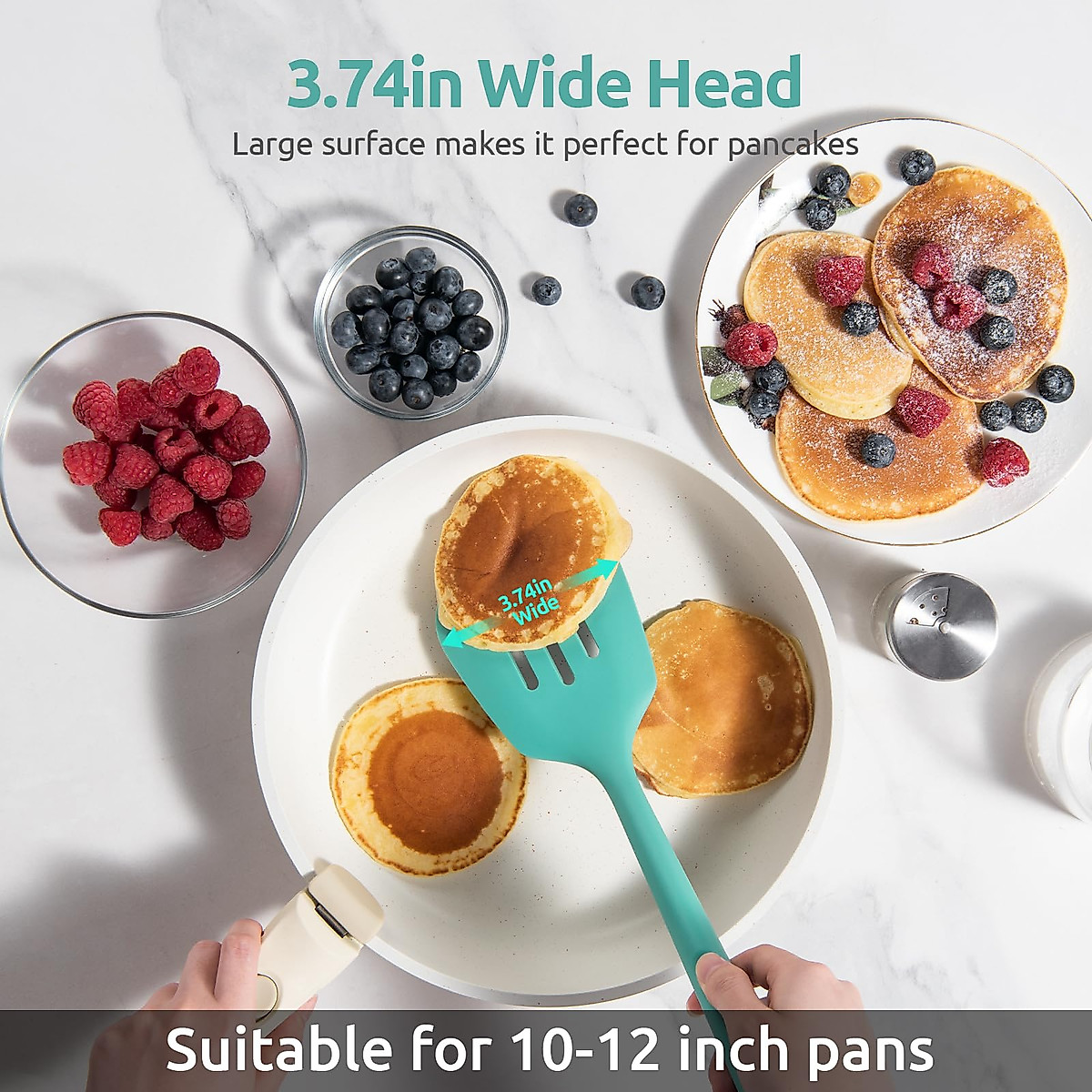 13.6" Slotted Silicone Turner: U-Taste 600ºF Heat Resistant Kitchen Spatula Flipper, Food Grade Flexible Wide Seamless Rubber Cooking Utensil for Egg, Omelette, Burger in Nonstick Cookware (Aqua Sky)