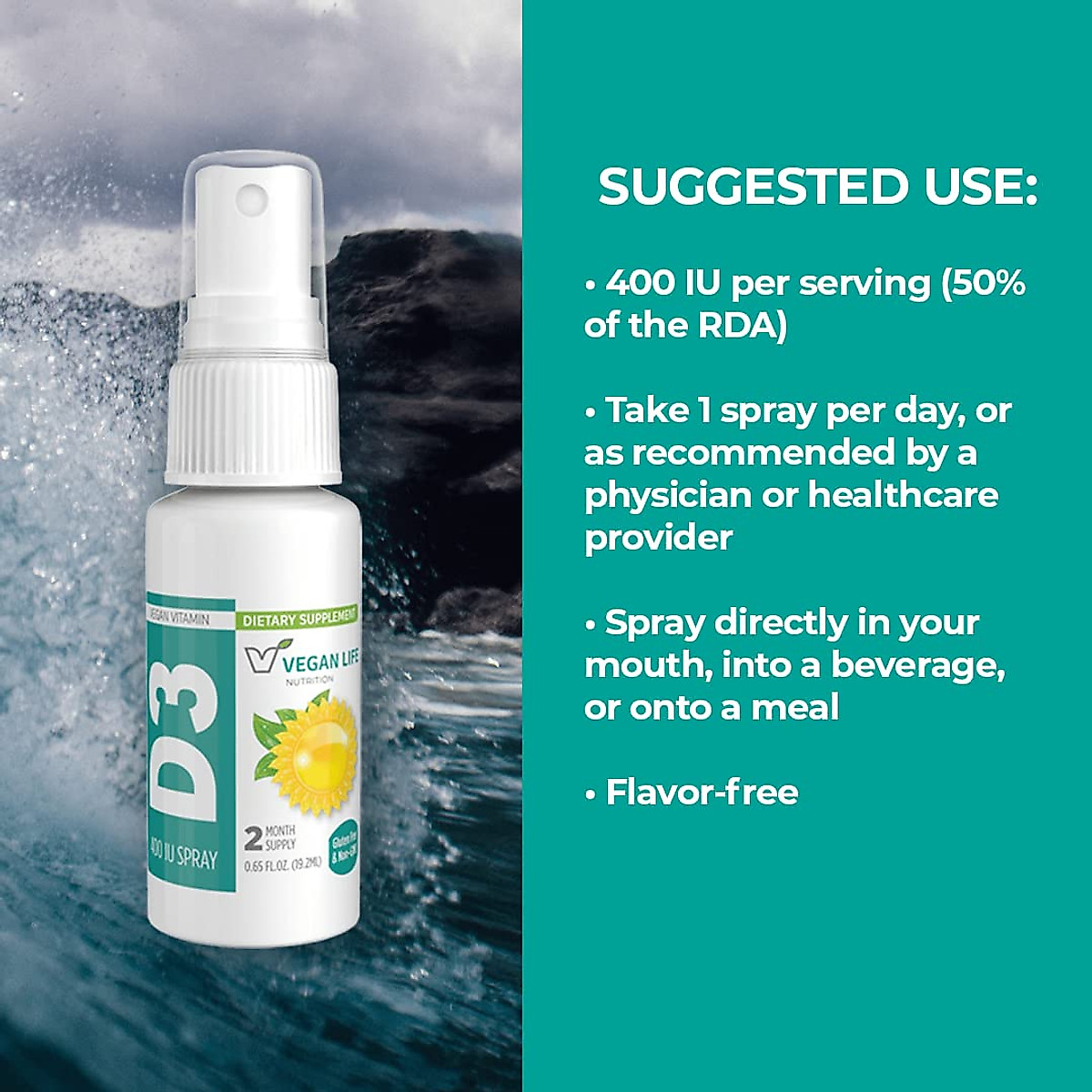 Vegan Life Nutrition - Vitamin D3 Spray for Adults (400 IU) - 50% RDV - Orange-Flavored, Gluten-Free, Non-GMO, Supports Bone Health and Immune System - 0.65 Fl Ounce