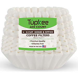 Tupkee Coffee Filters 4-6 Cups - 400 Count, Junior Basket Style, White Paper, Chlorine Free Coffee Filter, Made in the USA