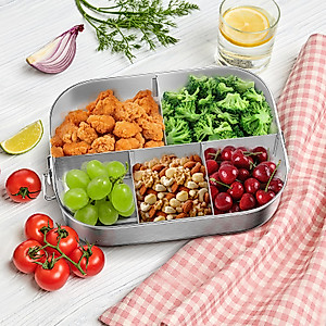 NUTUNI 47oz/1400ML Stainless Steel Lunch Box, 5 Compartments Bentobox for Kids or Adults, Metal Bento Box with Lockable Clips, Leakproof Food Storage Container for Work Lunch