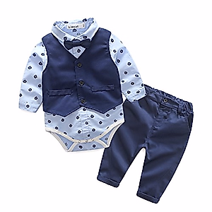 Kimocat Baby Boys Gentleman Bowtie Blue Suits Set Long Sleeve +Vest+Pants (Sky Nature, 0-6month(70#))