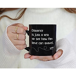 Personalized Long Distance Friendship Coffee Mug, Customized Best Friend Mugs, Distance is Just a Test, Custom Names, State to State, Long Distance Family Relationship Gifts Black Coffee Mug